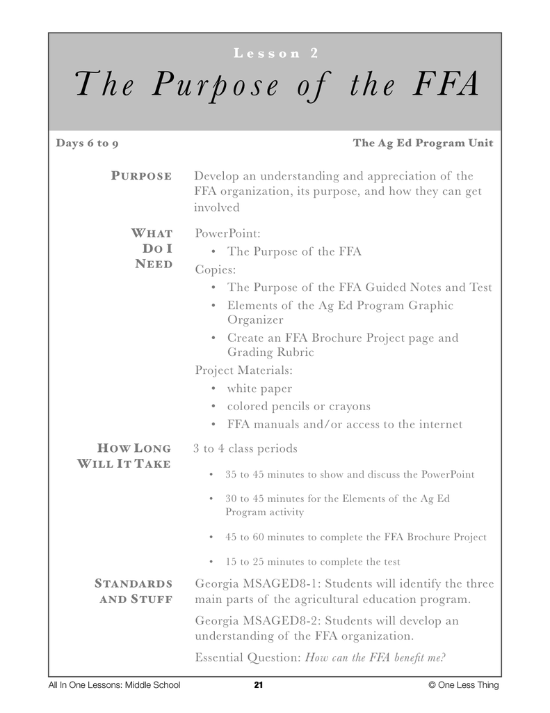 8-02 Purpose the FFA, Lesson Plan Download – One Less Thing