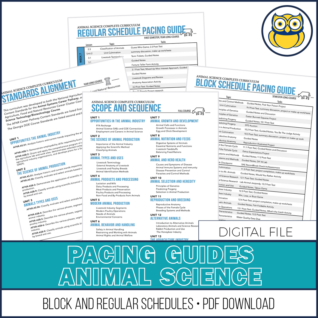 Pacing Guide, ANIMAL SCIENCE – One Less Thing