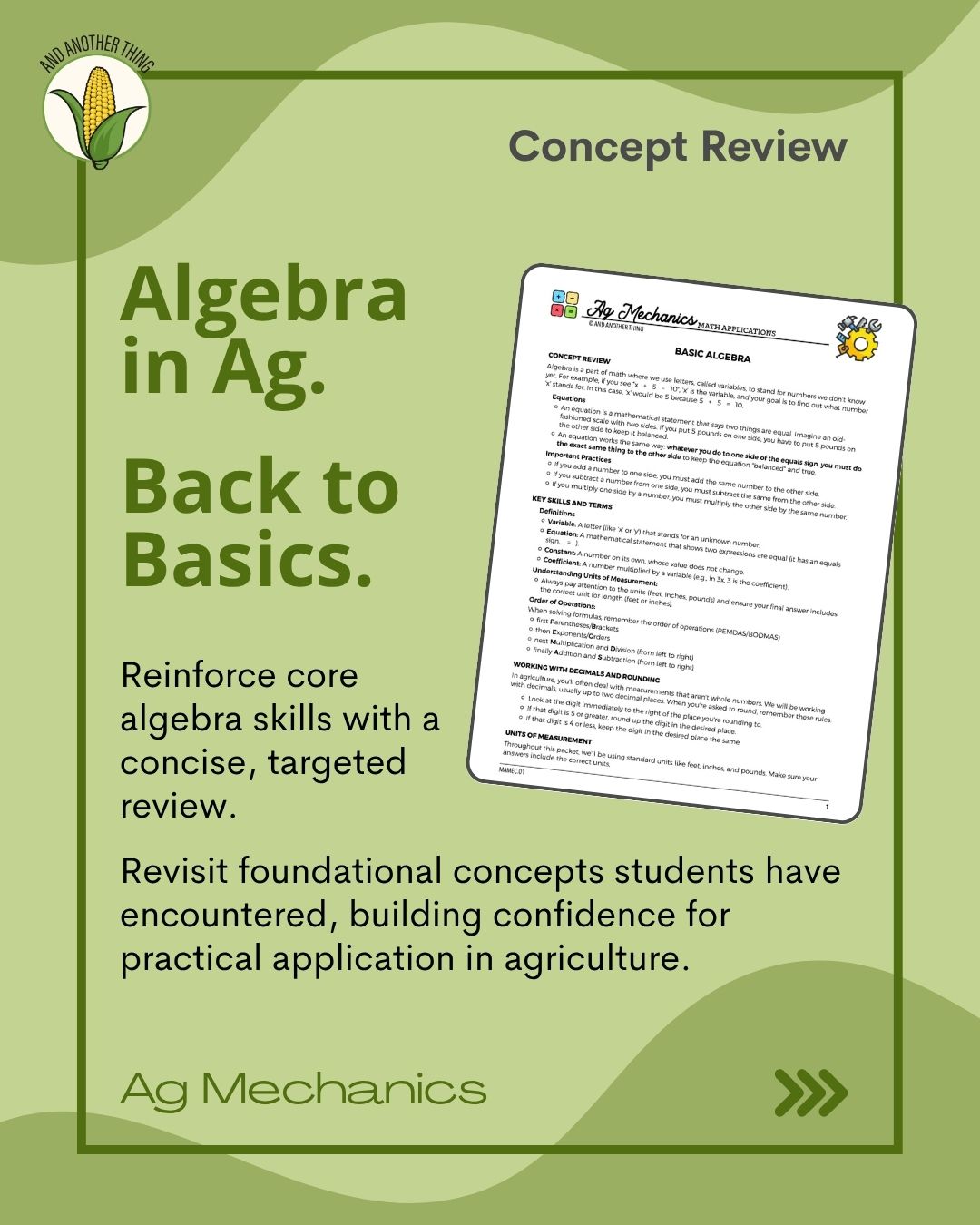 And Another Thing MATH APPLICATION, Ag Mechanics BASIC ALGEBRA – One ...