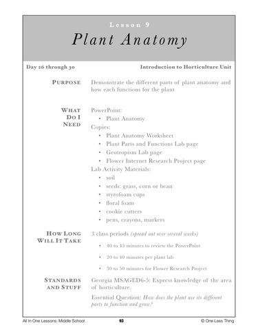 6-09 Plant Anatomy, Lesson Plan Download – One Less Thing