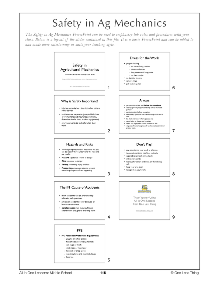 7-11 Intro to Safety in Ag Mechanics, Lesson Plan Download – One Less Thing