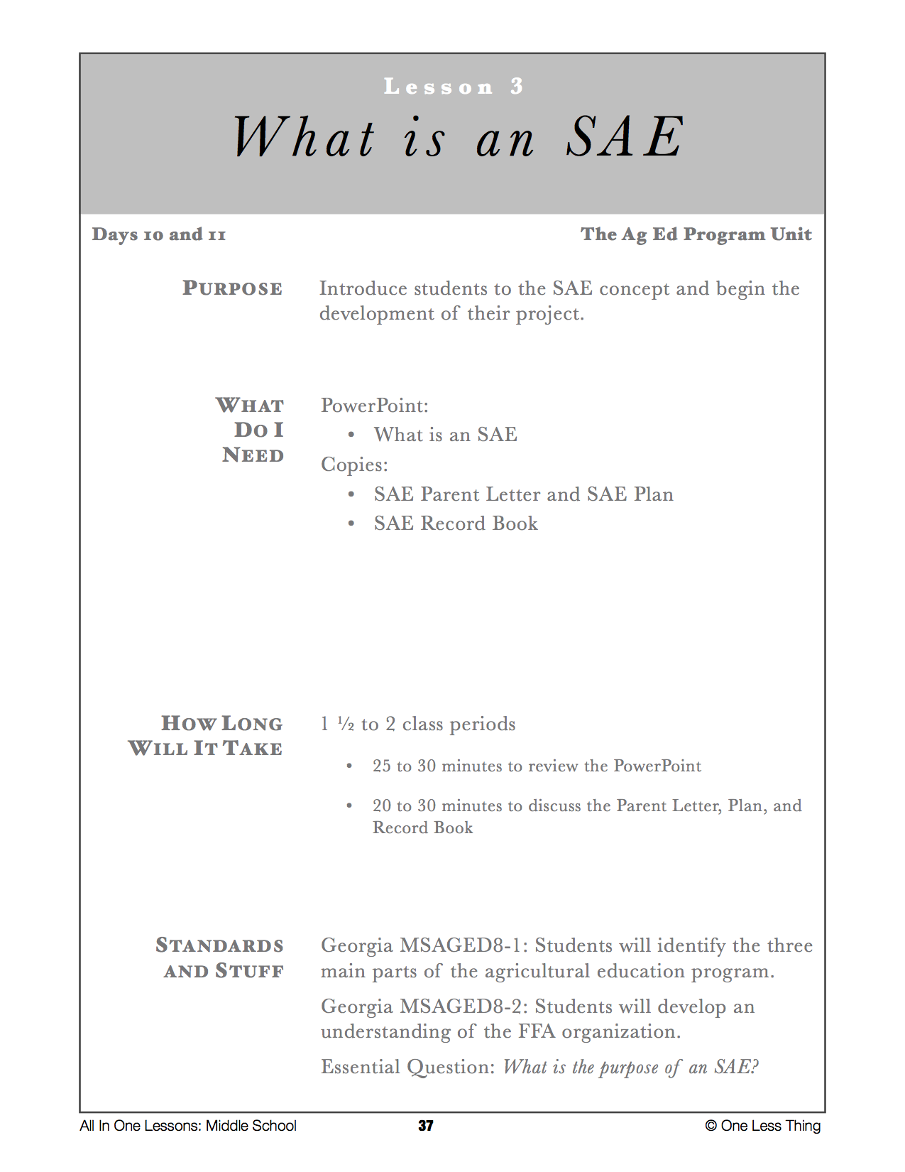 8-03 What is an SAE, Lesson Plan Download – One Less Thing