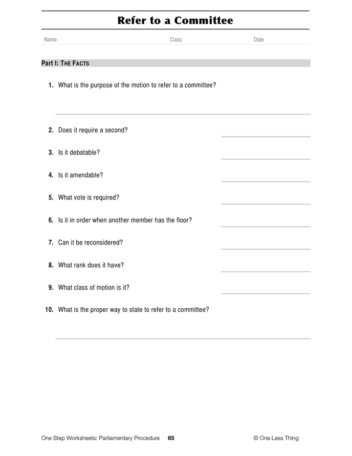 Parliamentary Procedure, One Step Worksheet Downloads – One Less Thing